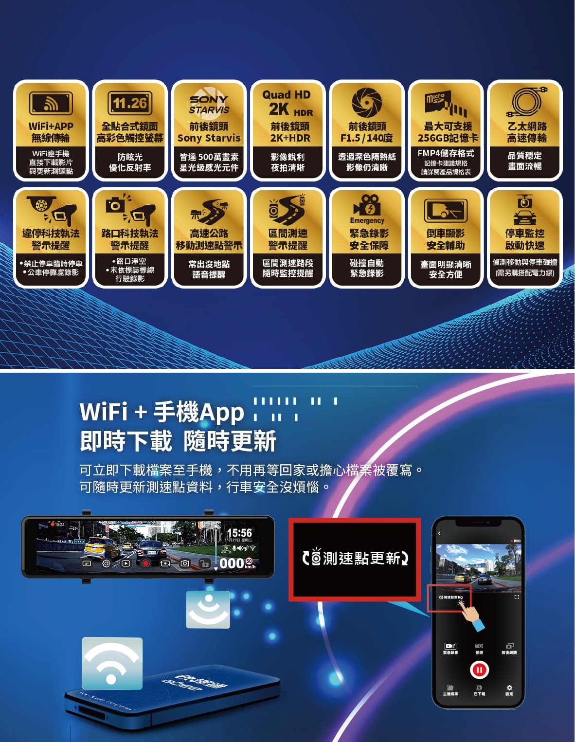 Abee快譯通 R120 WiFi 前後2K+HDR電子後視鏡行車紀錄器